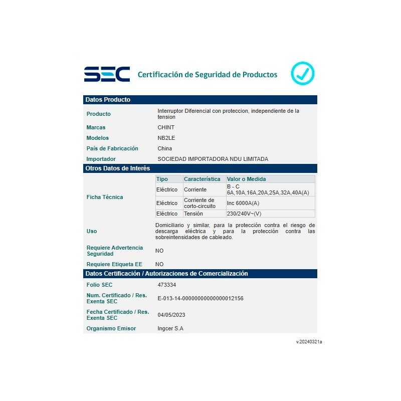 Interruptor RCBO 1P+N 40A curva C +diferencial 300mA tipo A