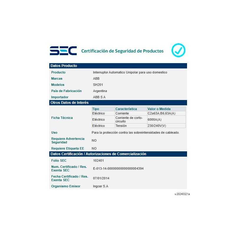 Interruptor Domic. 1Px40A 6kA curva C, SH201-C40, IEC 60898