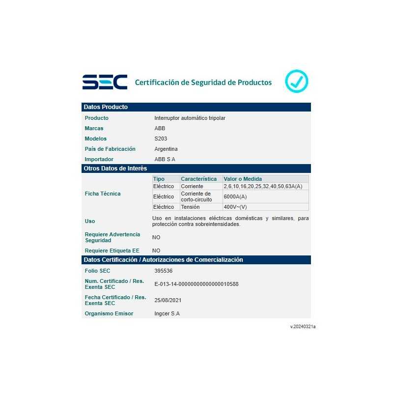 Interruptor 3Px6A 6/10kA curva C, S203-C6